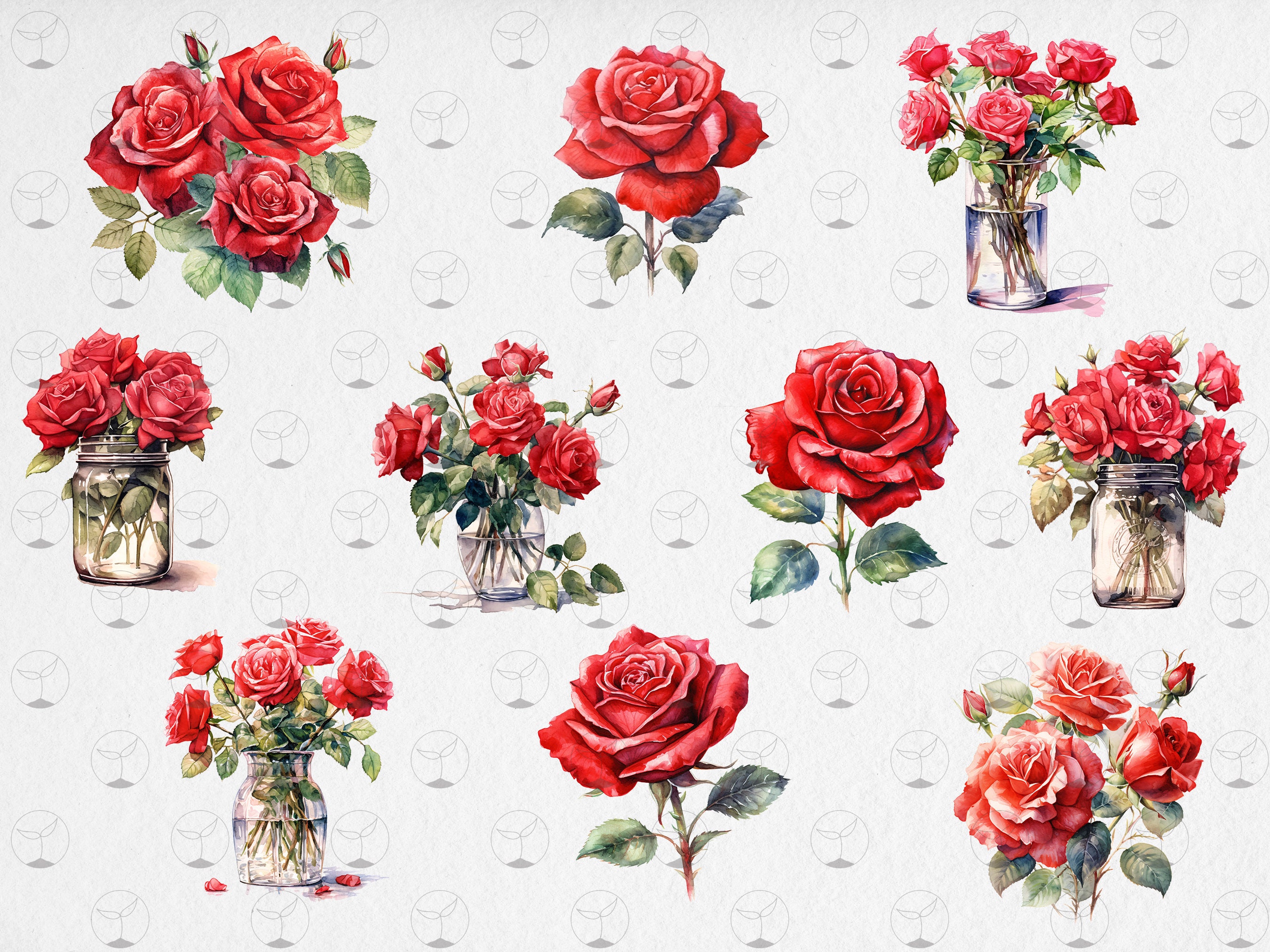 Red Watercolor Roses Digital Cliparts in High Resolution - Etsy