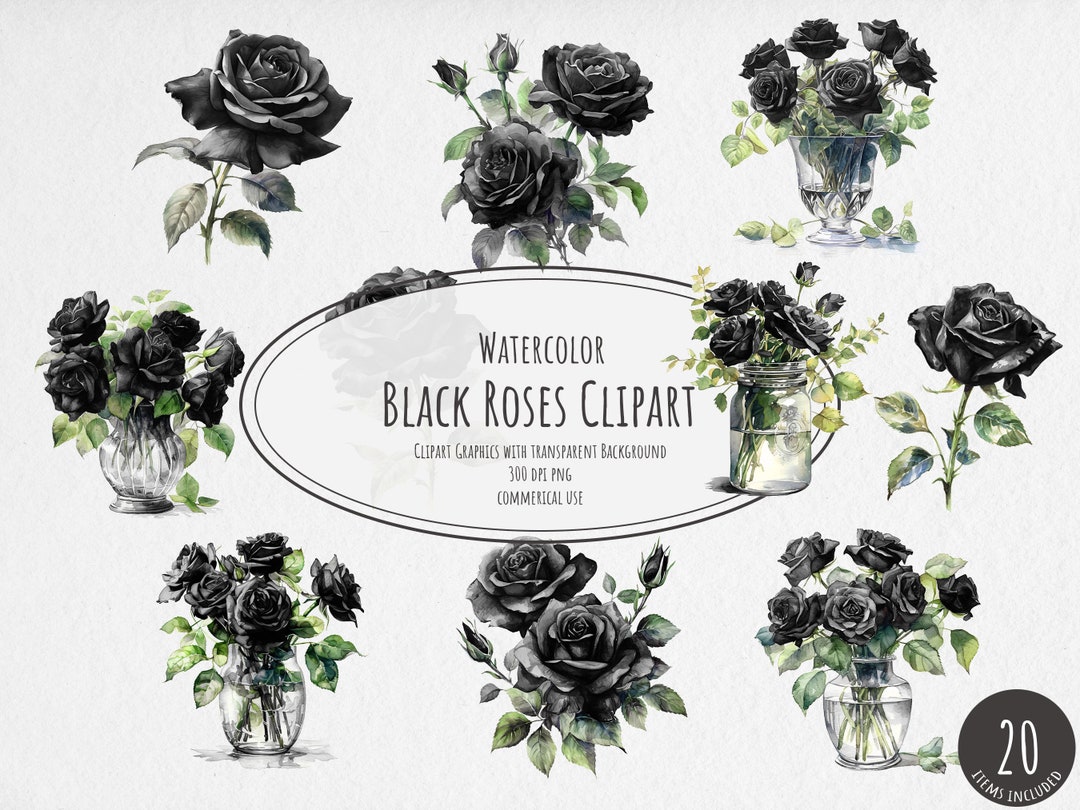 Black Watercolor Roses - Digital Cliparts in High Resolution, Instant ...