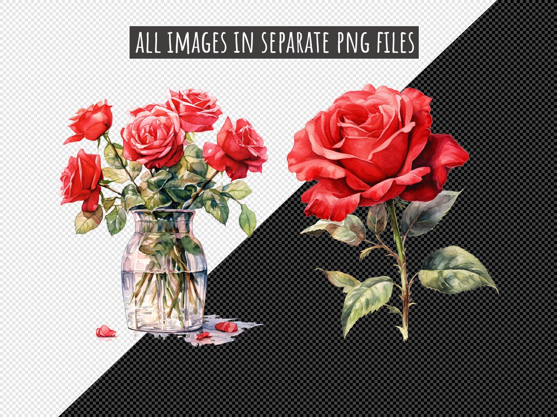 Red Watercolor Roses Digital Cliparts in High Resolution - Etsy