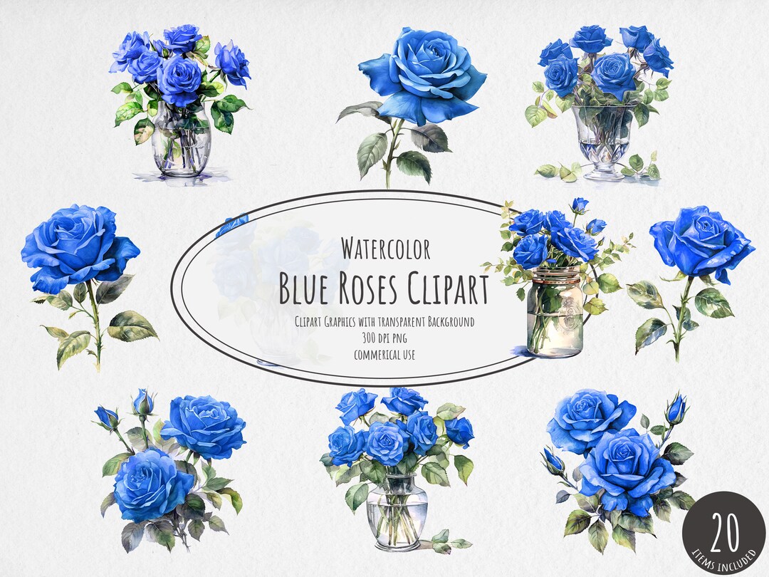 Blue Watercolor Roses - Digital Cliparts in High Resolution, Instant ...