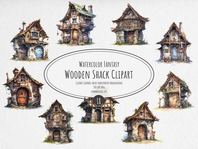 Watercolor Fantasy Wooden Shack Cliparts - Digital Cliparts in High ...