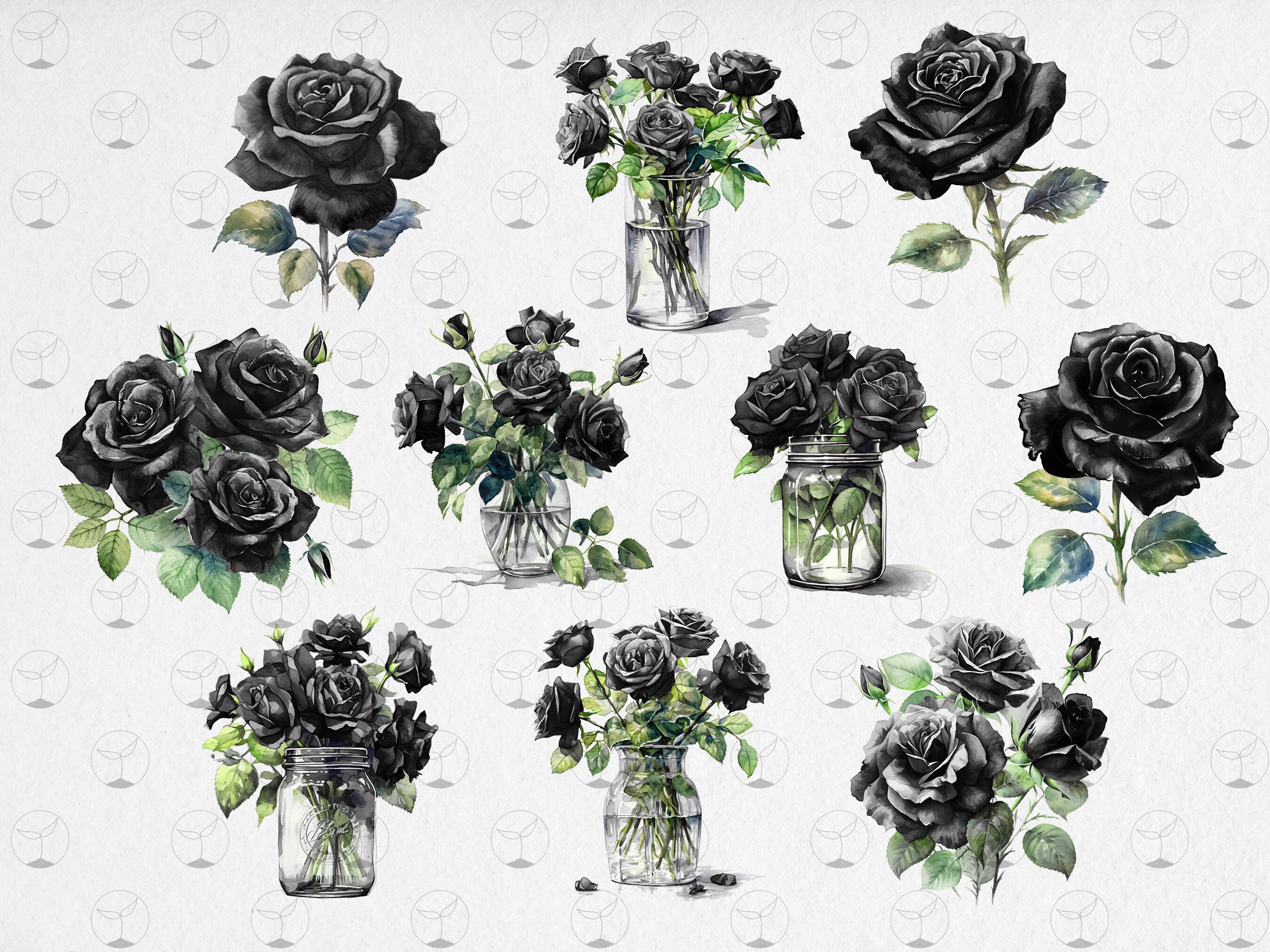 Black Watercolor Roses - Digital Cliparts in High Resolution, Instant ...