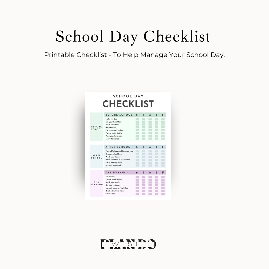 School Day Checklist School Schedule Instant Download Printable ...