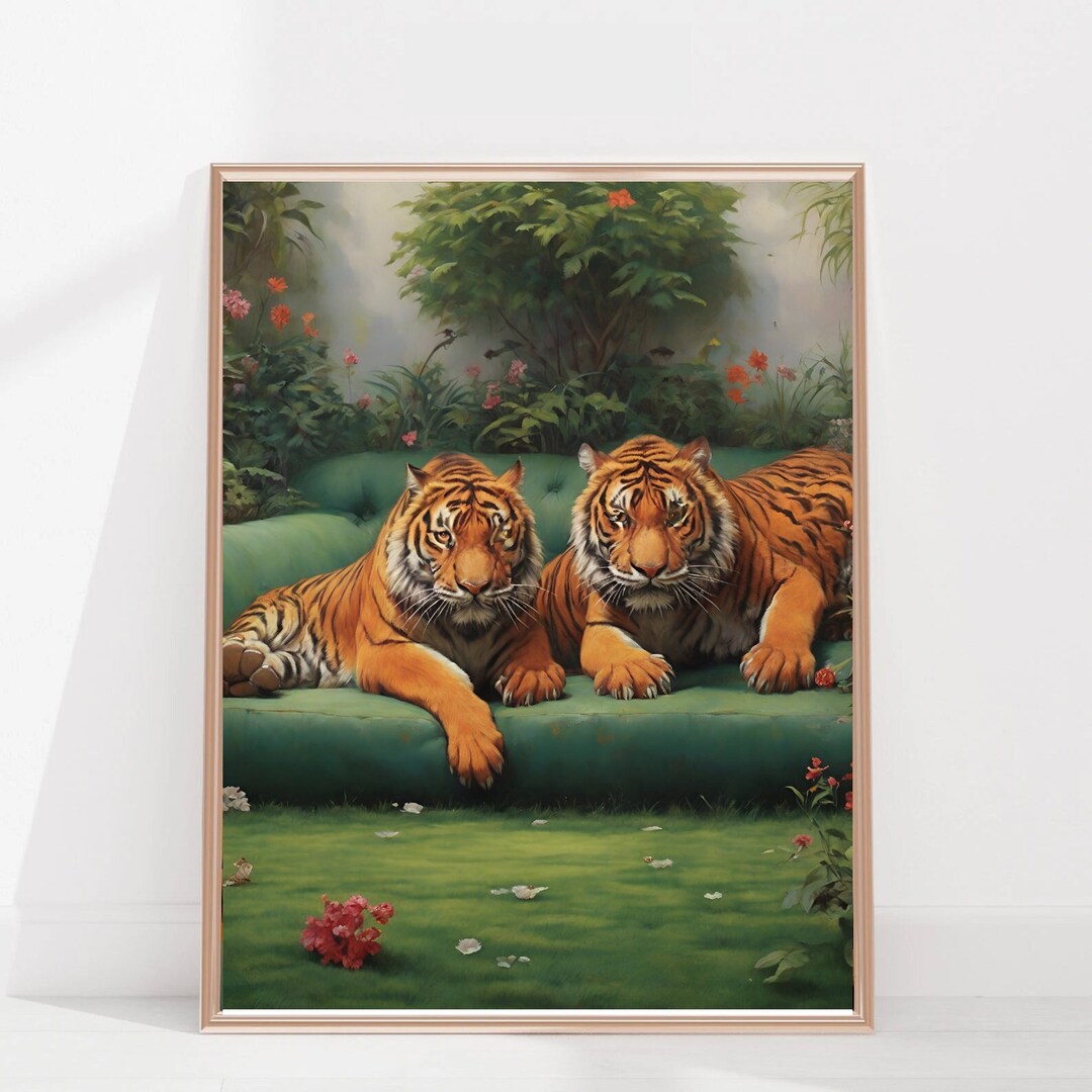 Tigers in Lawn Print, Tigers Wall Decor, Tiger Art Wall, Tiger Modern ...