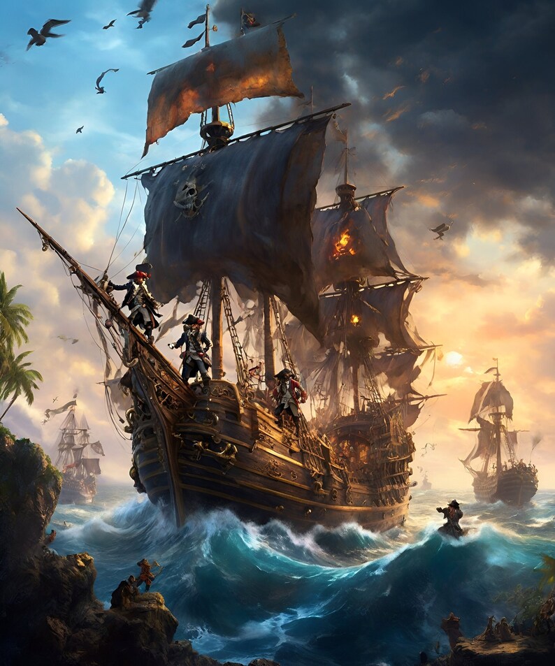 Anime Pirate Ship Printable Wall Art, Spooky Antique Halloween Poster ...