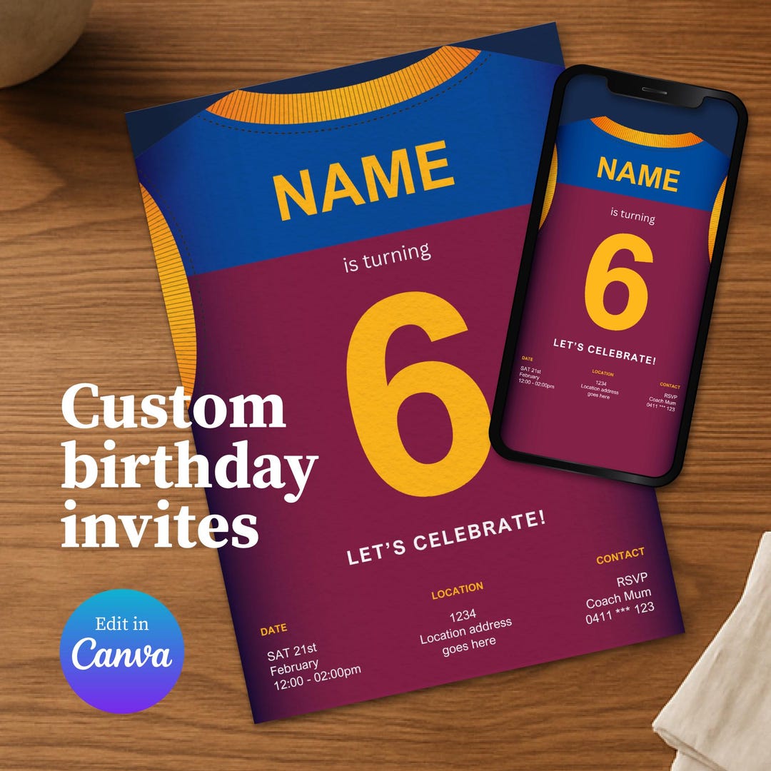 Editable Brisbane Lions Birthday Invitation | Editable AFL Party Invite ...