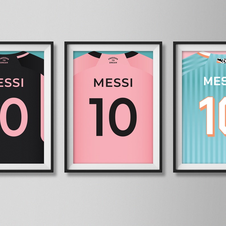 3 Lionel Messi Football Shirt Posters, Inter Miami 2024 Three Jersey ...