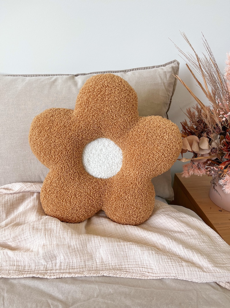 Tan and White Daisy Flower Shaped Cushion Made With a Textured Boucle ...