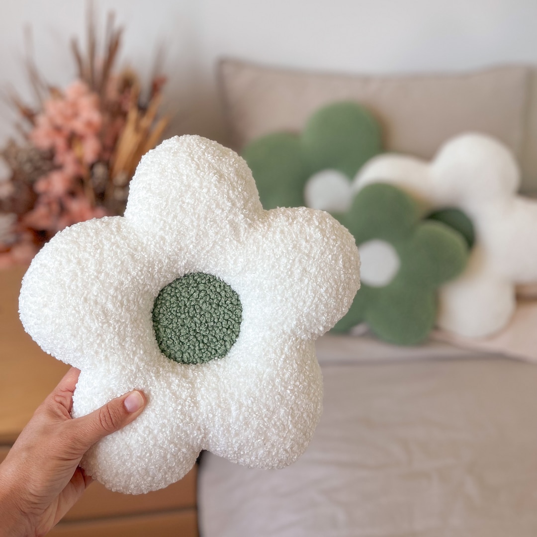 Green and White Daisy Flower Shaped Cushion Made With a Textured Boucle ...