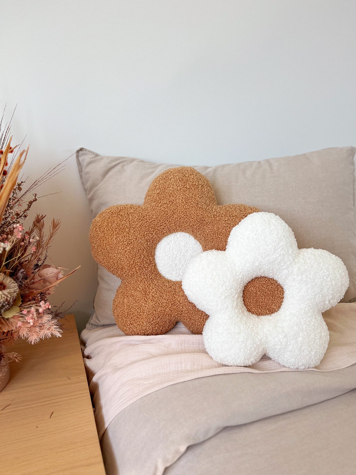 Tan and White Daisy Flower Shaped Cushion Made With a Textured Boucle ...
