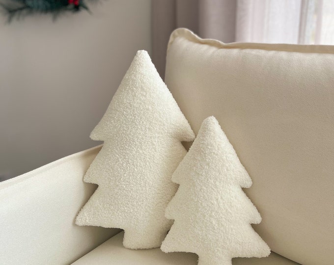 White Christmas Tree Cushion Decorative Pillow in a Boucle Look Fabric ...