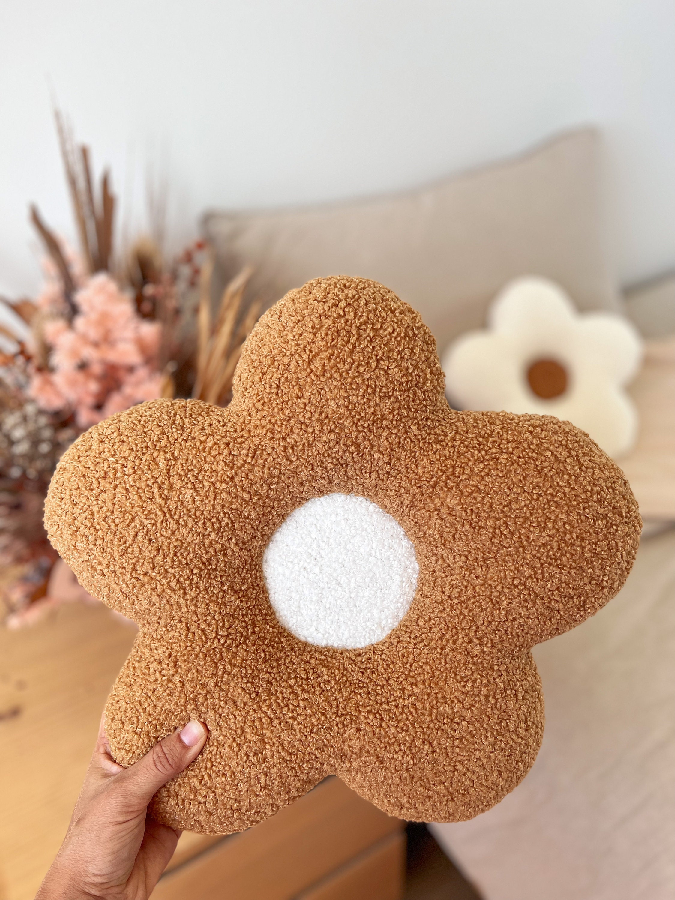 Tan and White Daisy Flower Shaped Cushion Made With a Textured Boucle ...