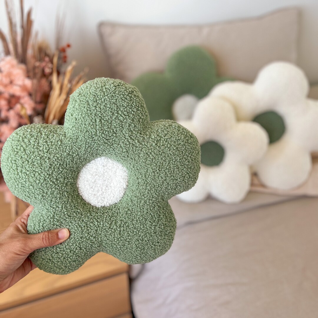 Green and White Daisy Flower Shaped Cushion Made With a Textured Boucle ...