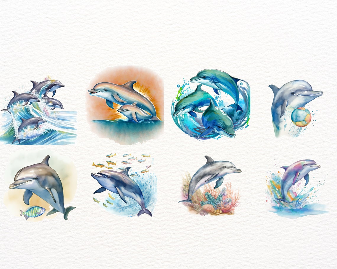 20 Piece Watercolor Dolphin Clipart Set -design Bundle- PNG Digital ...