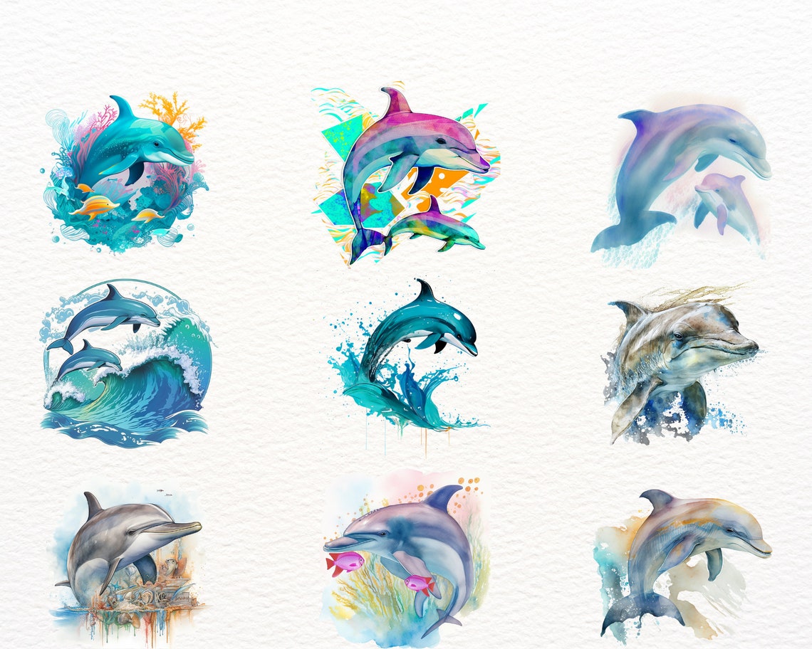 20 Piece Watercolor Dolphin Clipart Set -design Bundle- PNG Digital ...