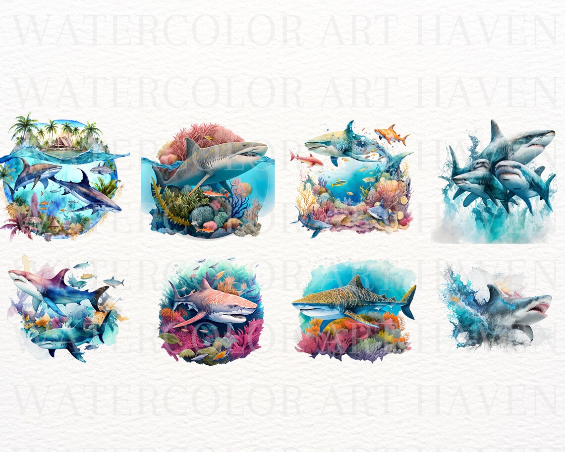Watercolor Sharks Clipart, Animals, Fish, PNG, Clip Art, Bundle ...
