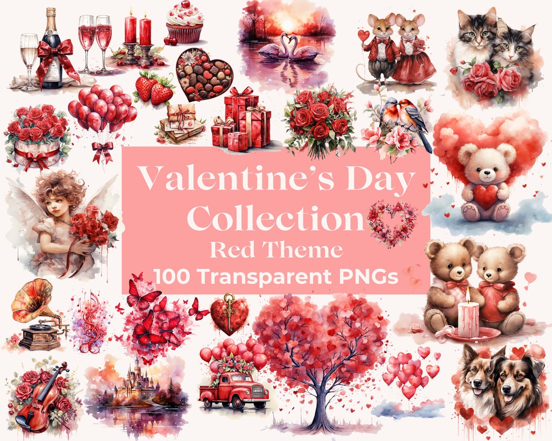 Watercolor Valentines Day Clipart, 100 Pngs Valentine, Boho Valentines ...