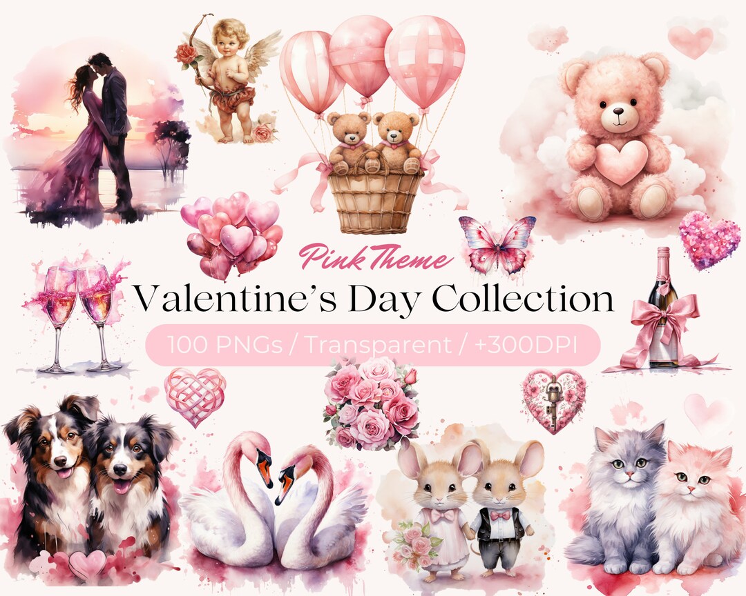 Watercolor Valentines Day Clipart Pink Theme 100 PNG Valentine Clipart ...