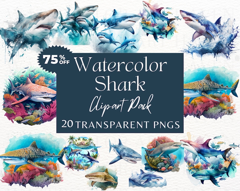 Watercolor Sharks Clipart, Animals, Fish, PNG, Clip Art, Bundle ...