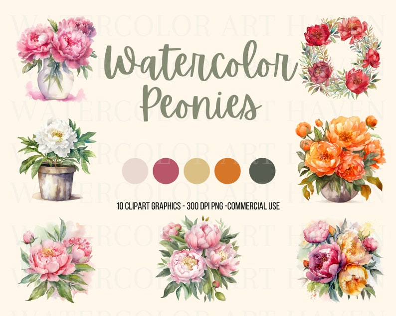 Watercolor Peonies Clipart, Spring Wedding Flowers Clipart Bundle, Wild ...