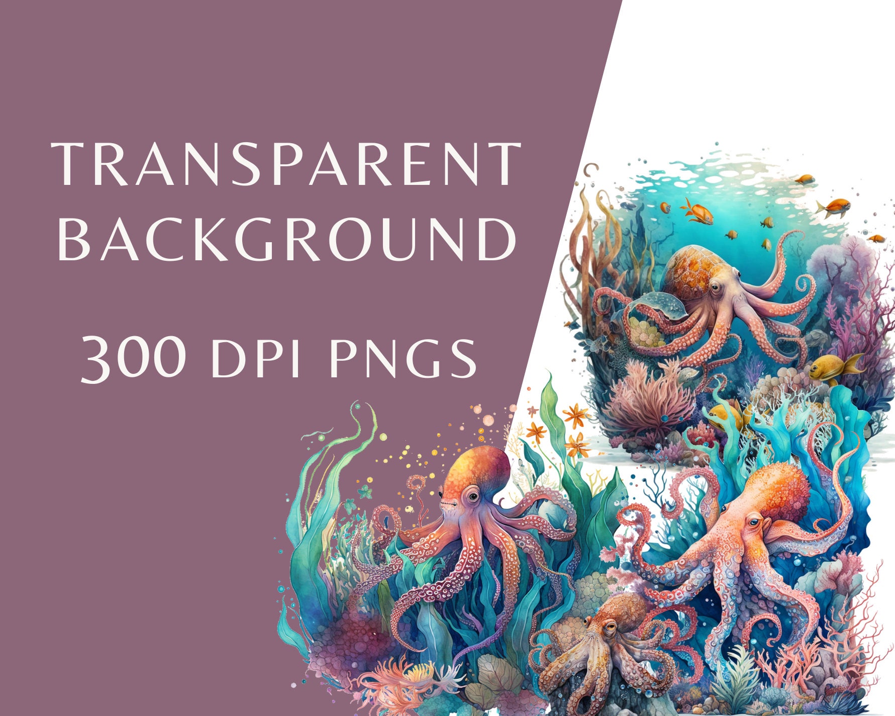 Watercolor Octopus Clipart Collection Sea Animals, Fish, PNG, Clip Art ...
