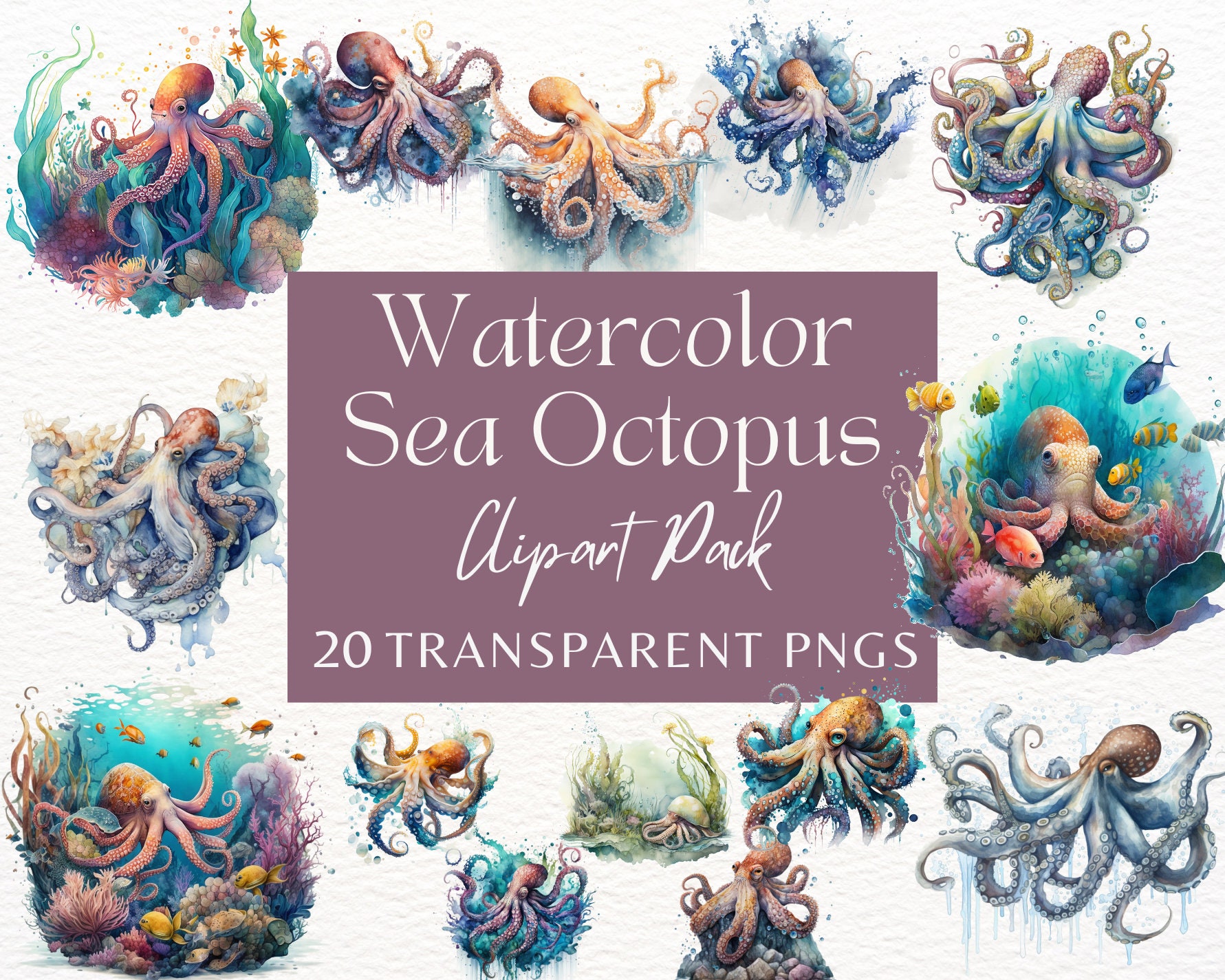 Watercolor Octopus Clipart Collection Sea Animals, Fish, PNG, Clip Art ...