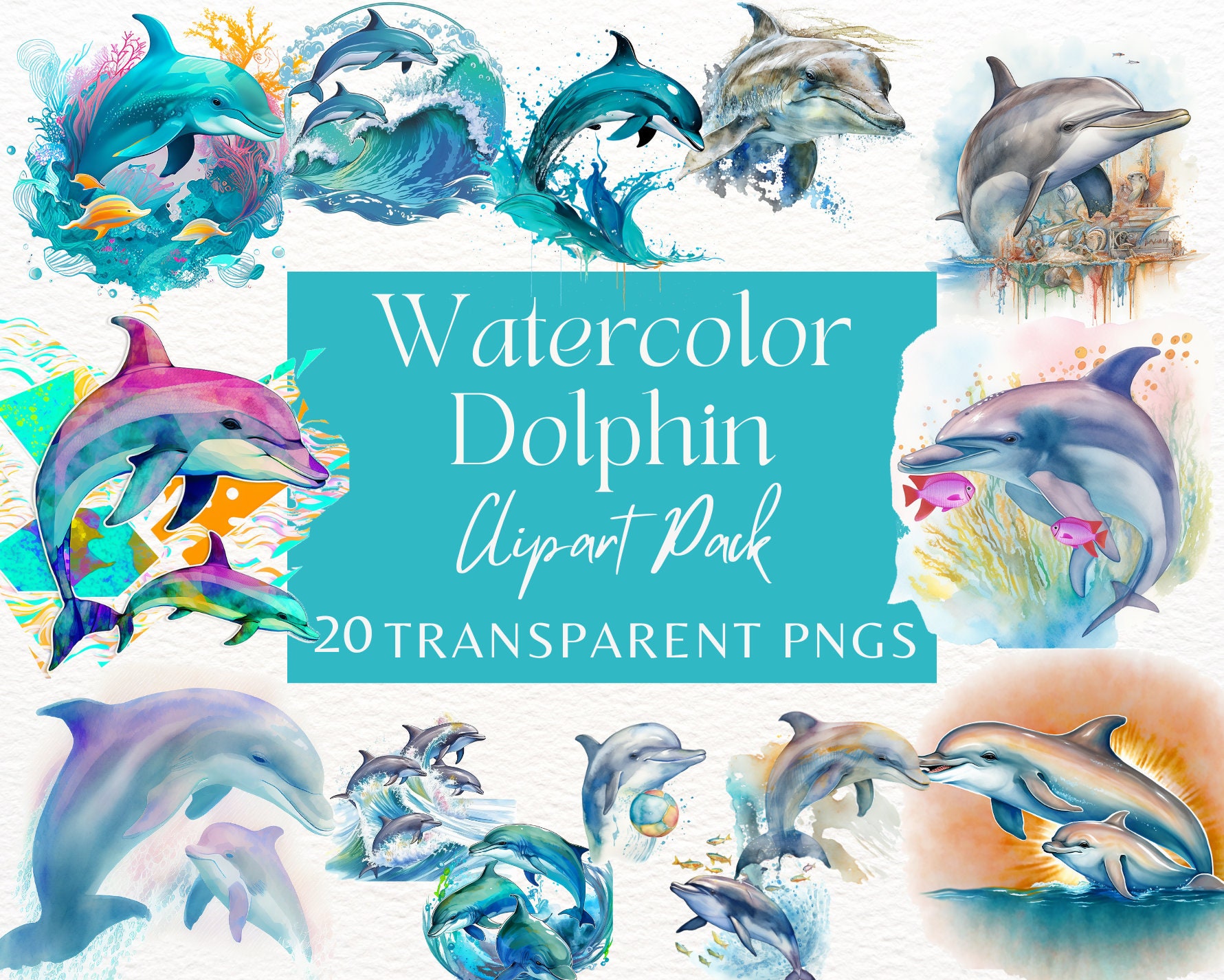 20 Piece Watercolor Dolphin Clipart Set -design Bundle- PNG Digital ...