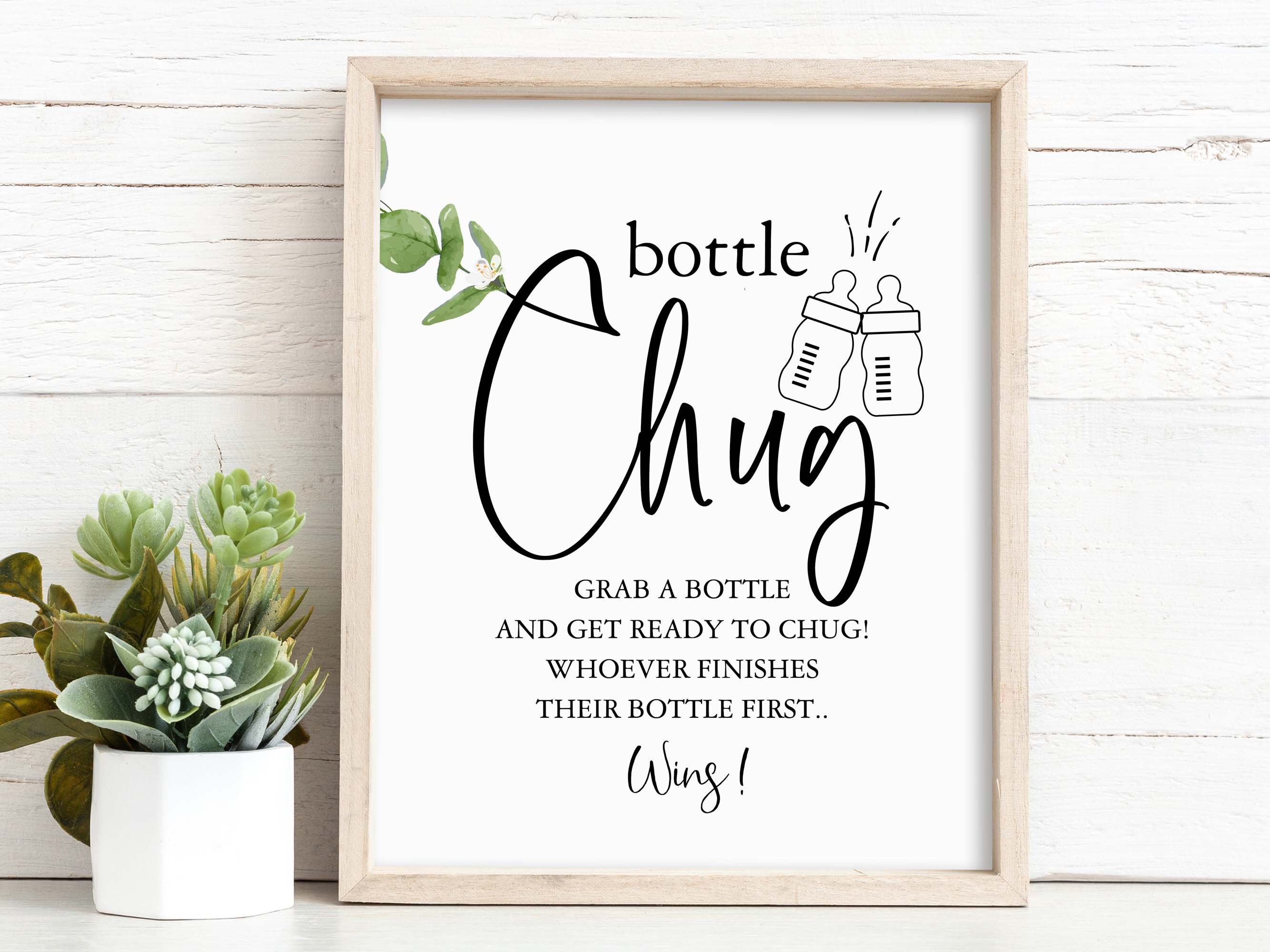 Bottle Chug Sign Game, Greenery Baby Shower, Baby Bottle Chug, Baby ...