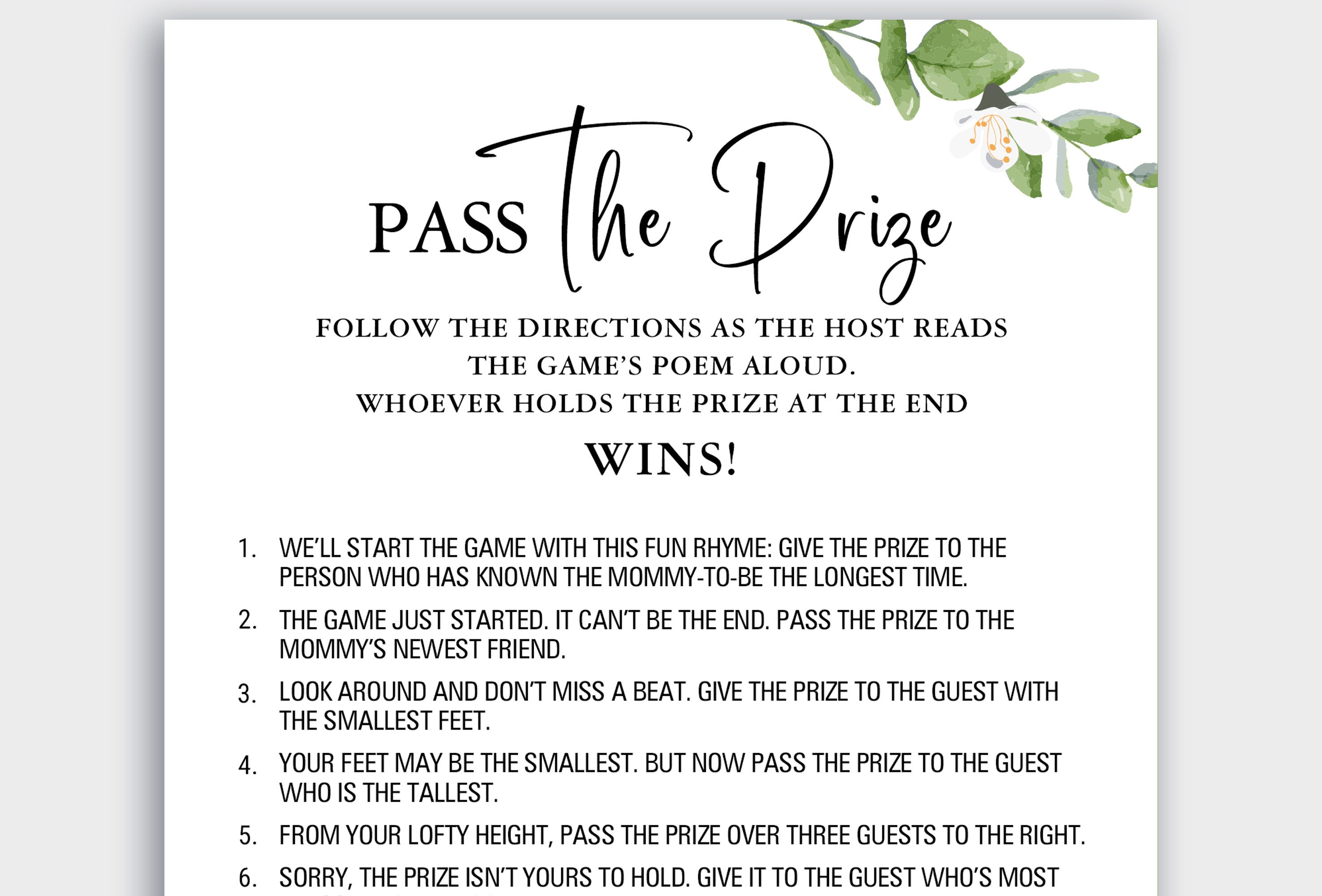 Pass the Prize Rhyme Game Greenery Baby Shower Games Cards Boho Leaves ...