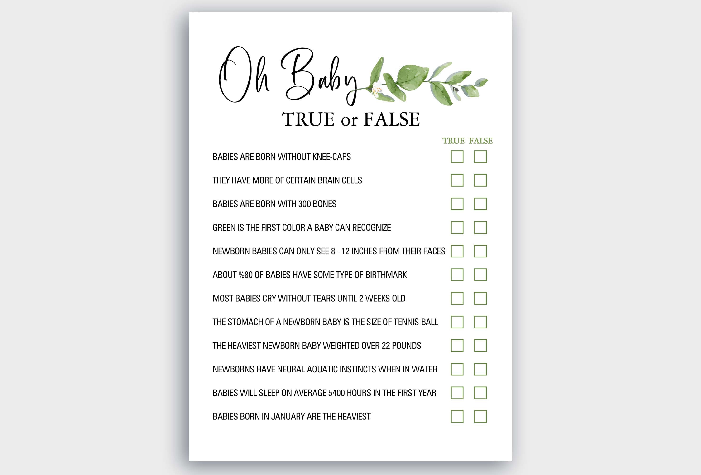 Oh Baby True or False Baby Shower Game Instant Download Printable Baby ...