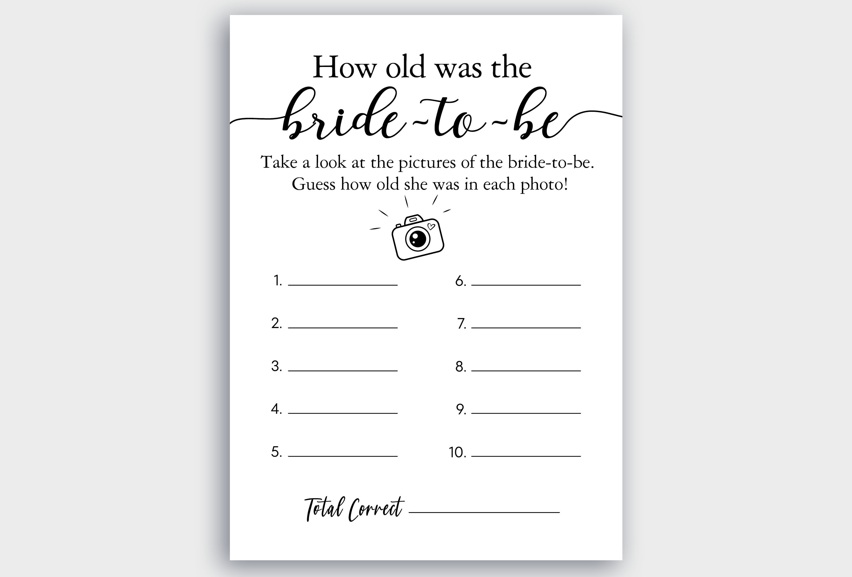 Guess the Brides Age Bridal Shower Game Wedding Shower Game Hen Party ...