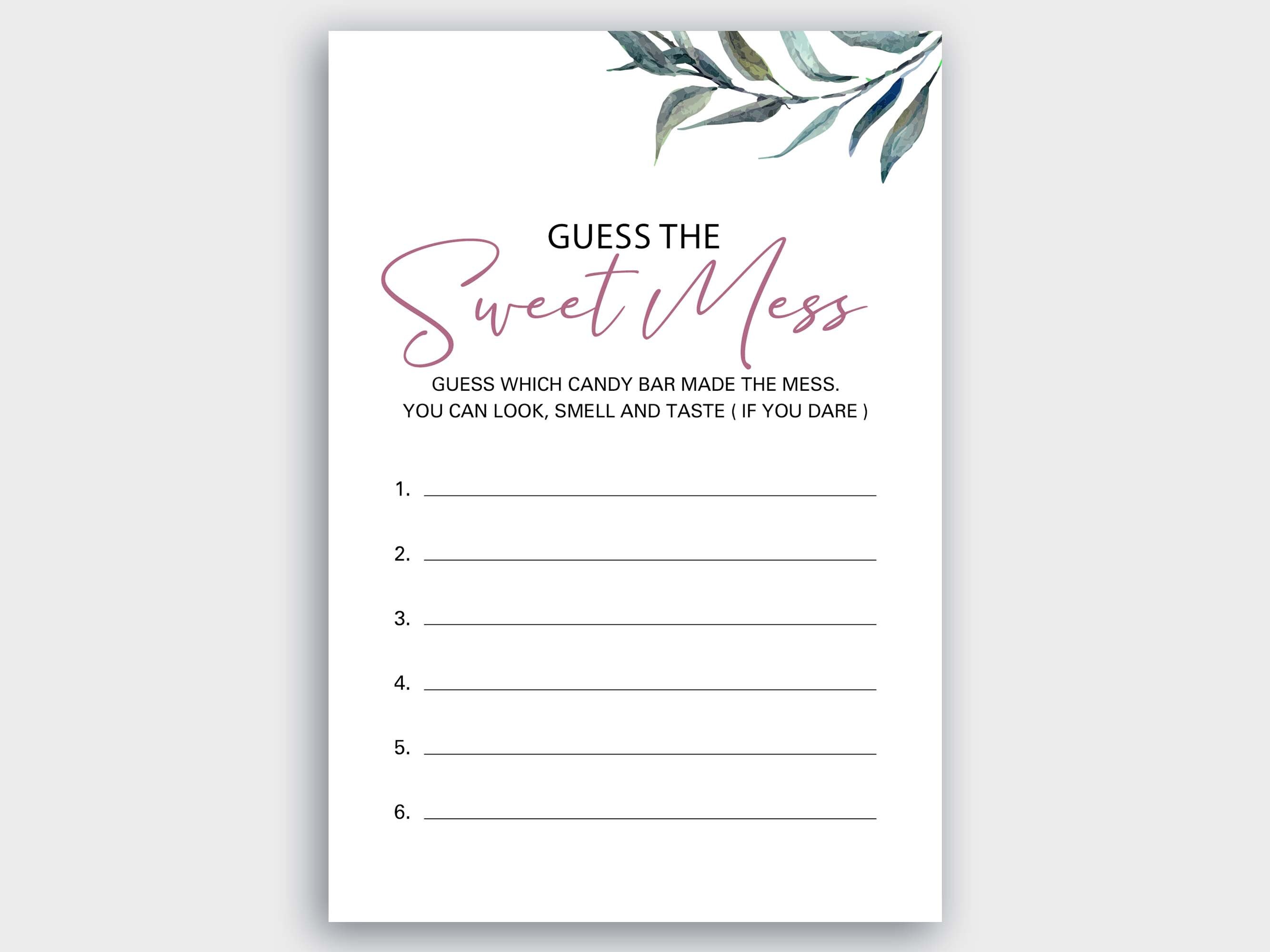 Guess the Sweet Mess Baby Shower Candy Bar Game Green Leaves Baby ...
