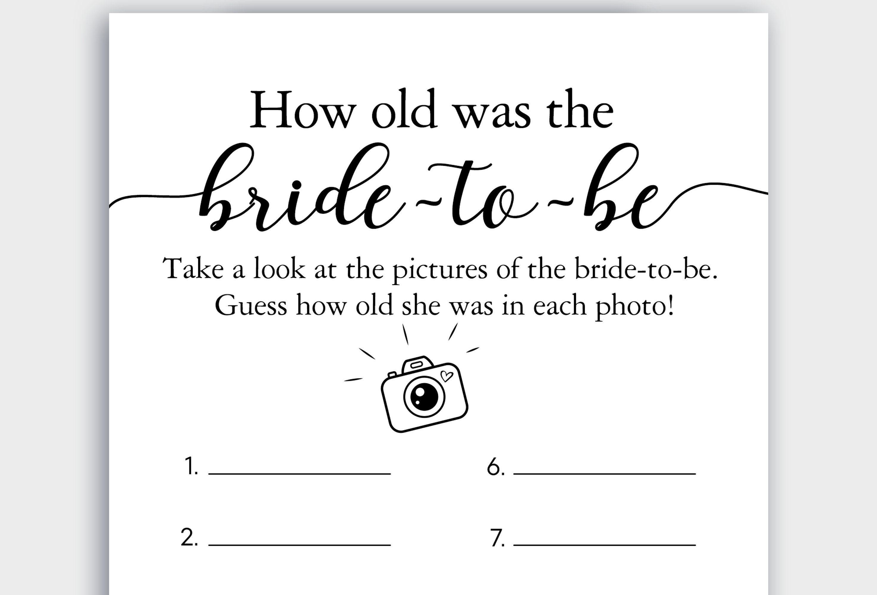 Guess the Brides Age Bridal Shower Game Wedding Shower Game Hen Party ...