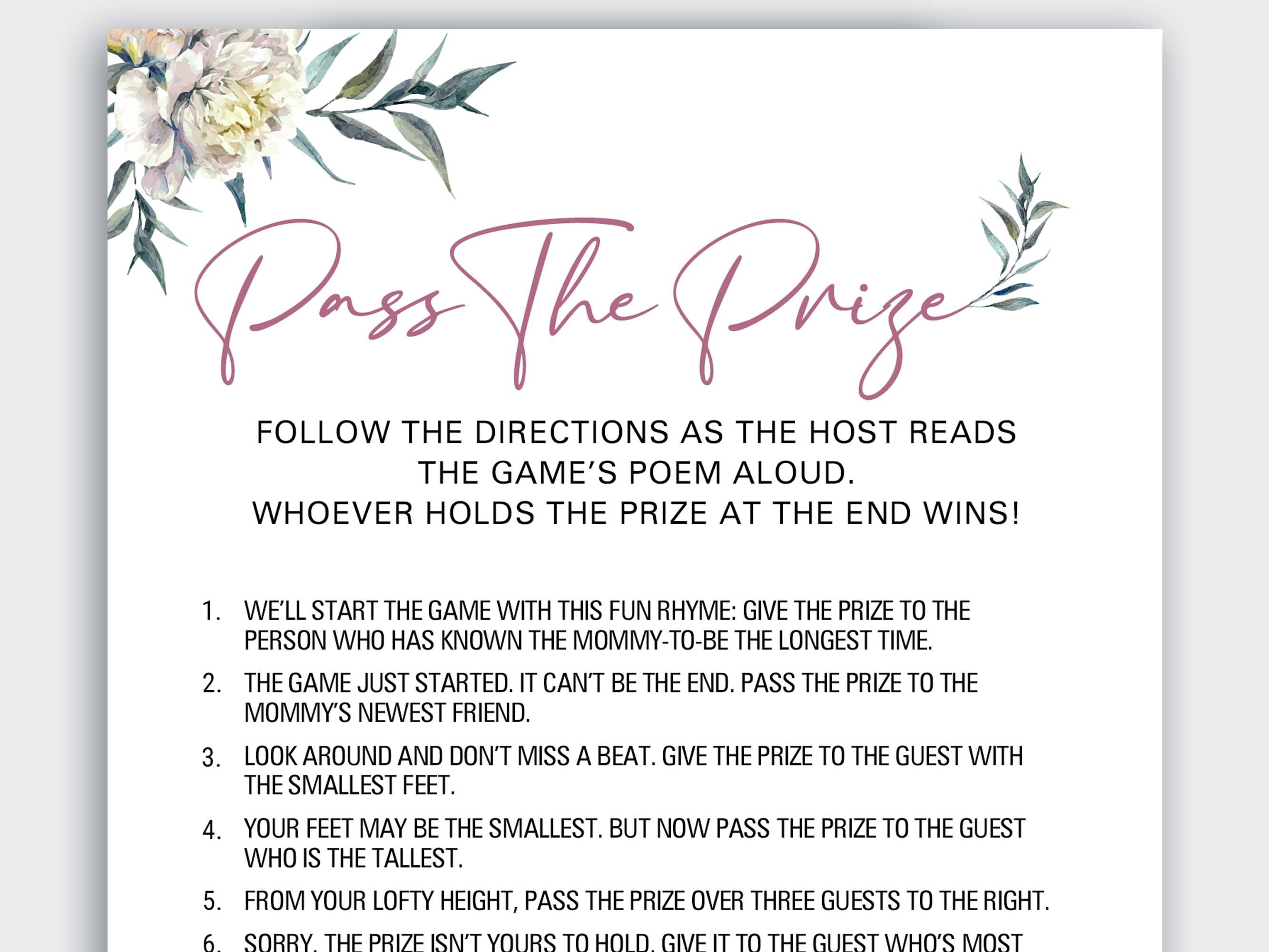 Pass the Prize Rhyme Game Greenery Baby Shower Games Cards Boho Leaves ...