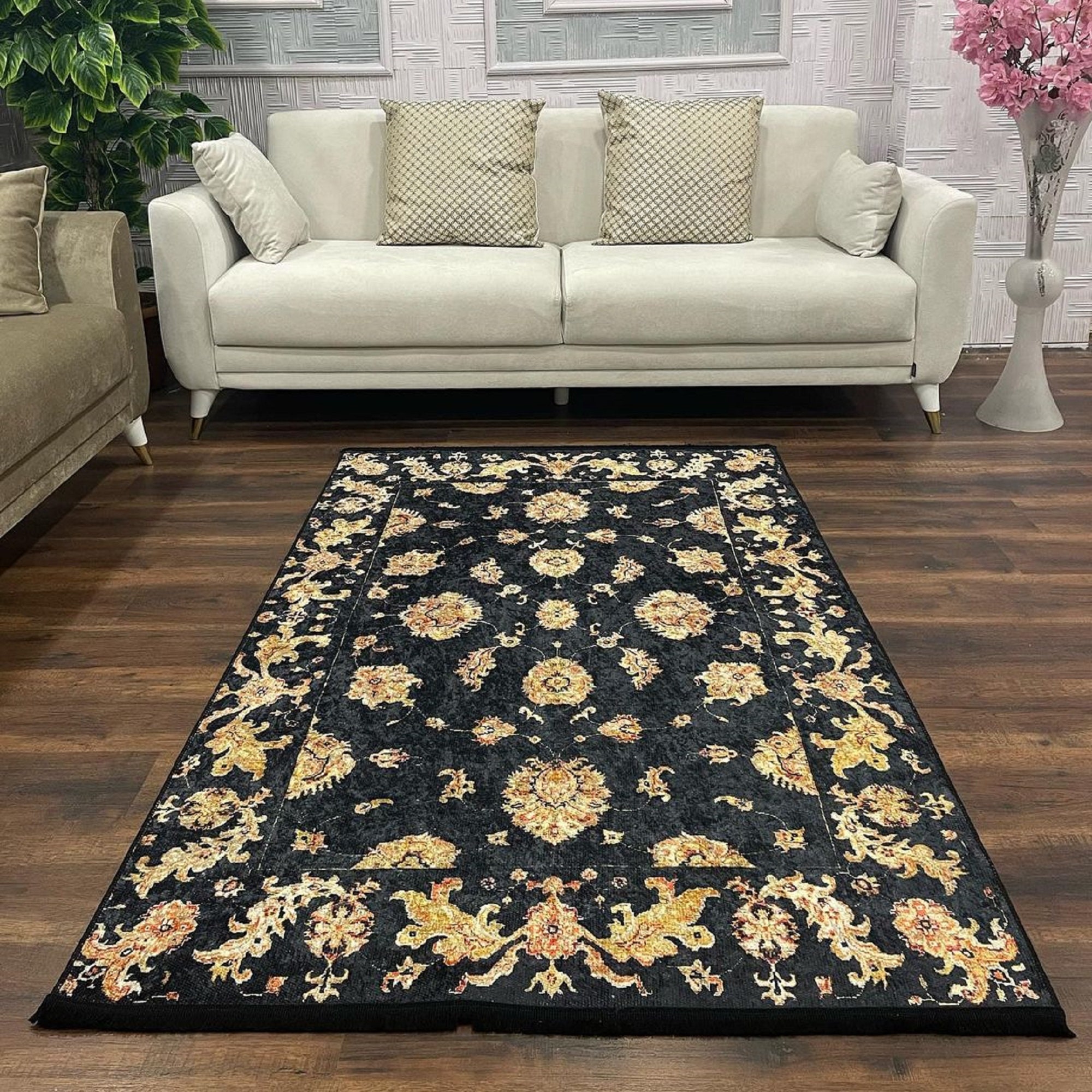 Gold and Black Rug, Simple Black Rug, Vintage Black Rug 3x8 Ft ...