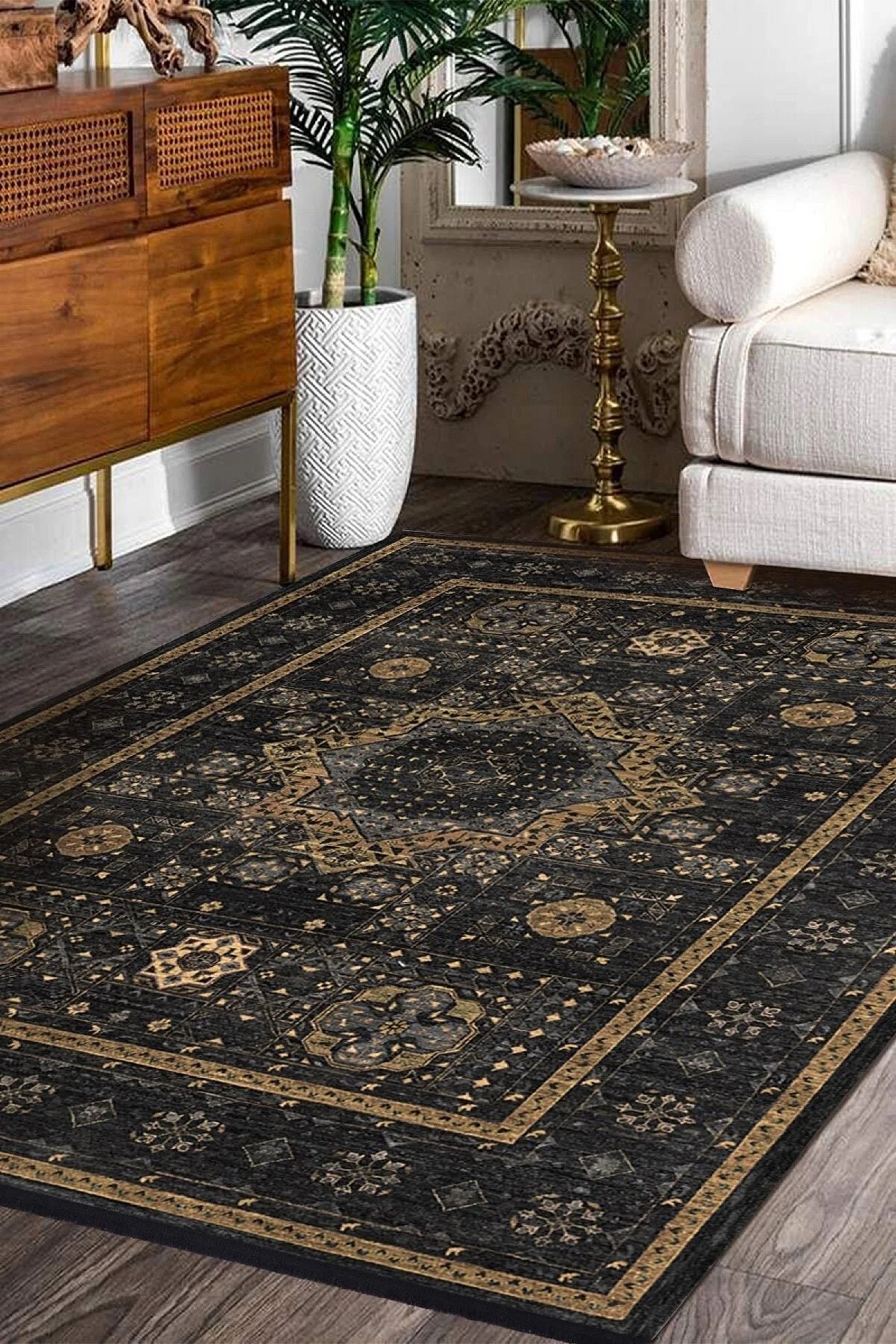 Gold and Black Rug Simple Black Rug Vintage Black Rug 3x8 - Etsy