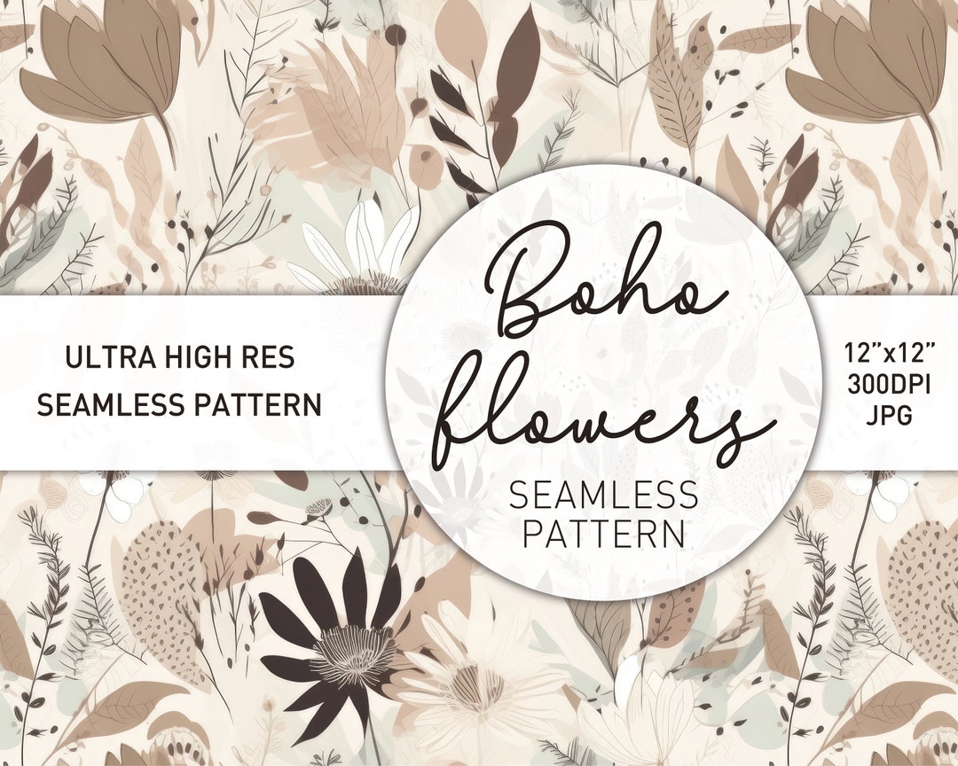 Neutral Boho Floral Seamless Pattern - Browns, Beiges, Cream Botanical ...