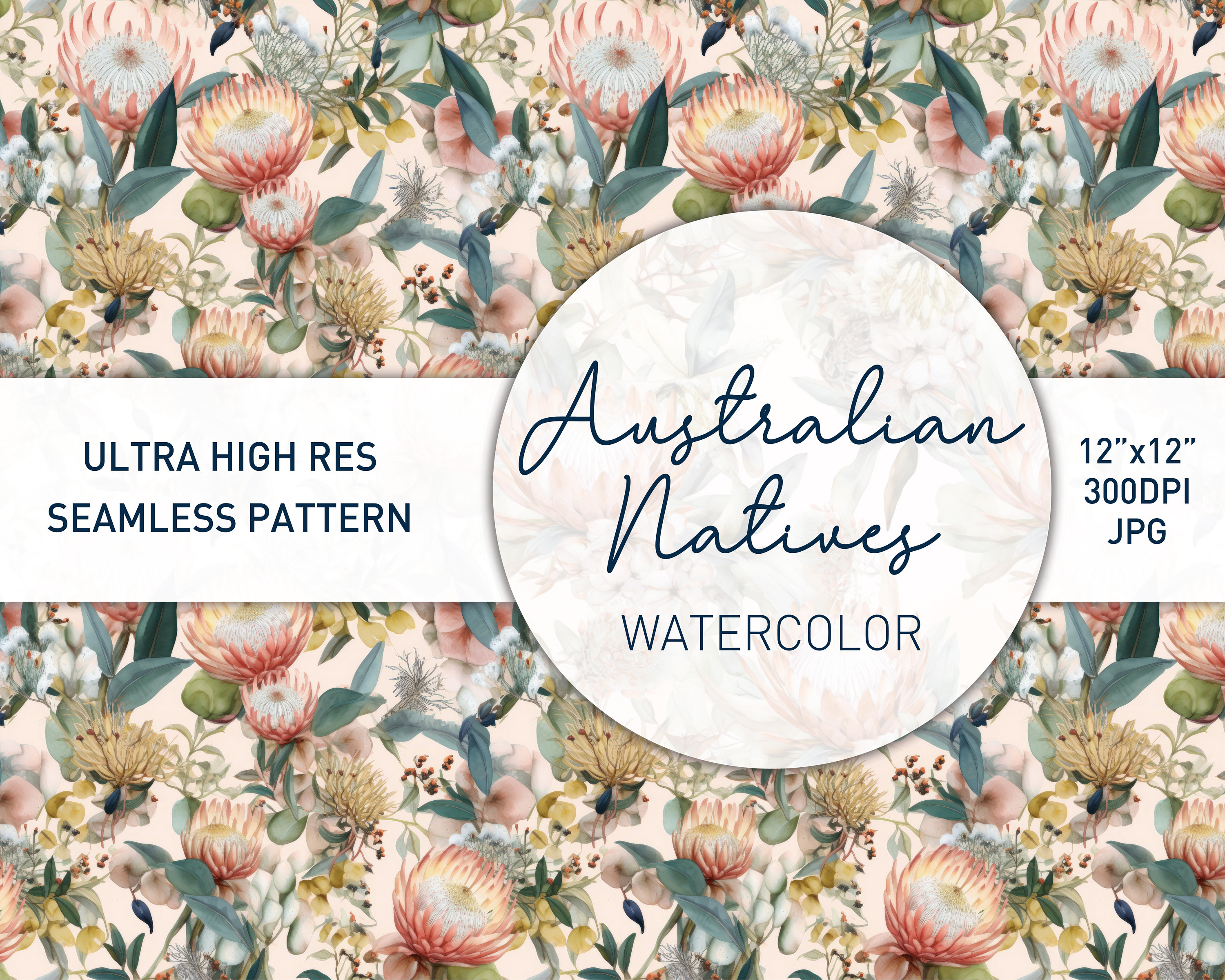 Australian Native Floral Watercolor Seamless Pattern 3 - Banksia ...