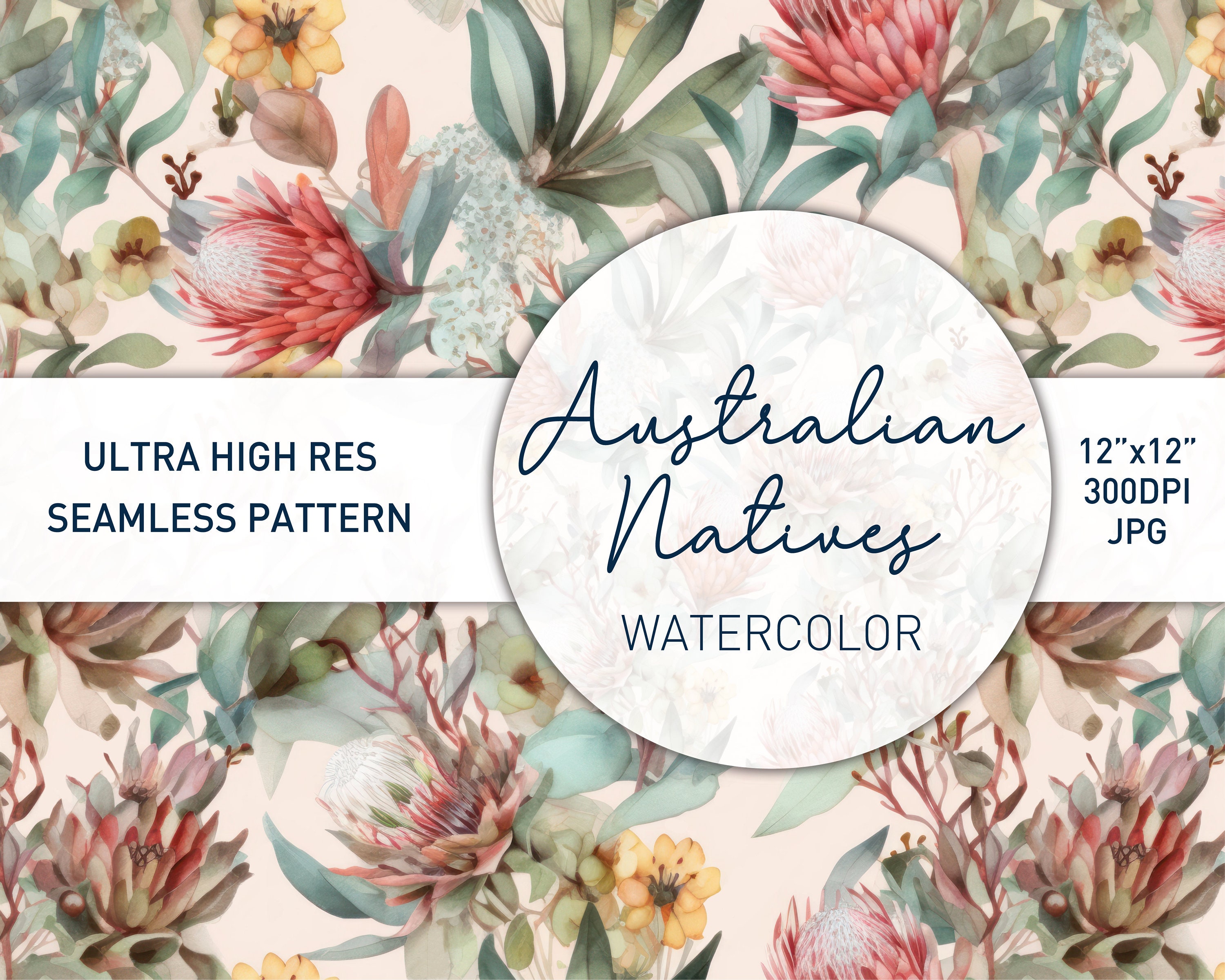 Australian Native Floral Watercolor Seamless Pattern I Banksia, Waratah ...