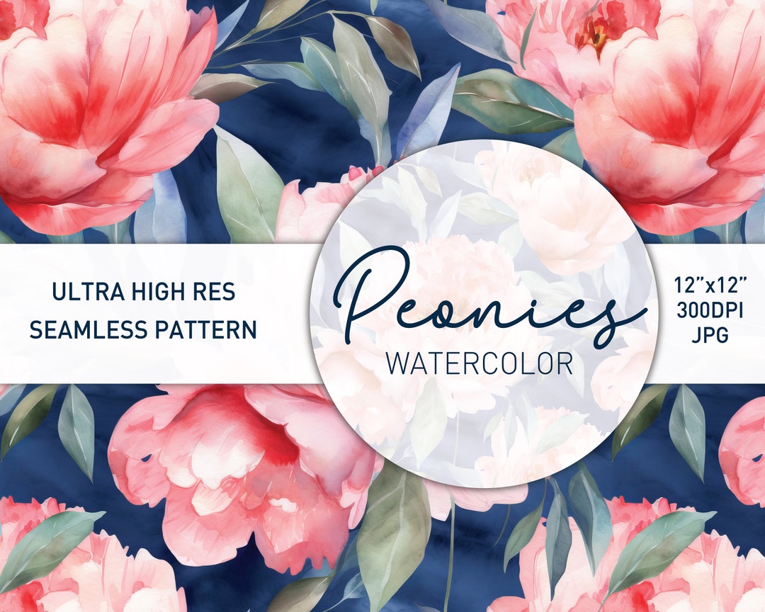 Pink Peonies on Navy Watercolor Seamless Pattern - Feminine Floral ...
