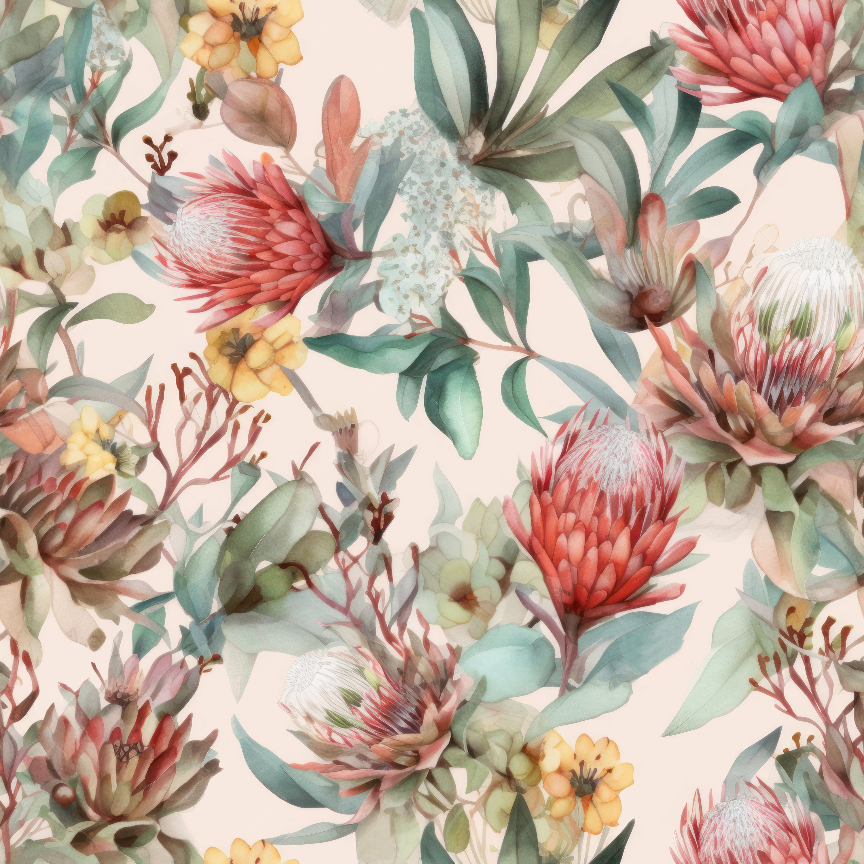 Australian Native Floral Watercolor Seamless Pattern I Banksia, Waratah ...