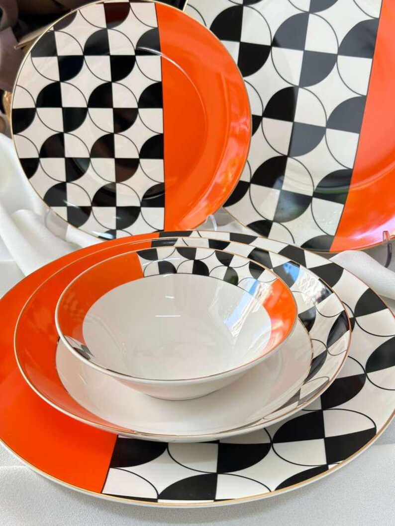 Modern Geometric Porcelain Dinnerware Set for 6 | 24 Pieces Retro Art ...