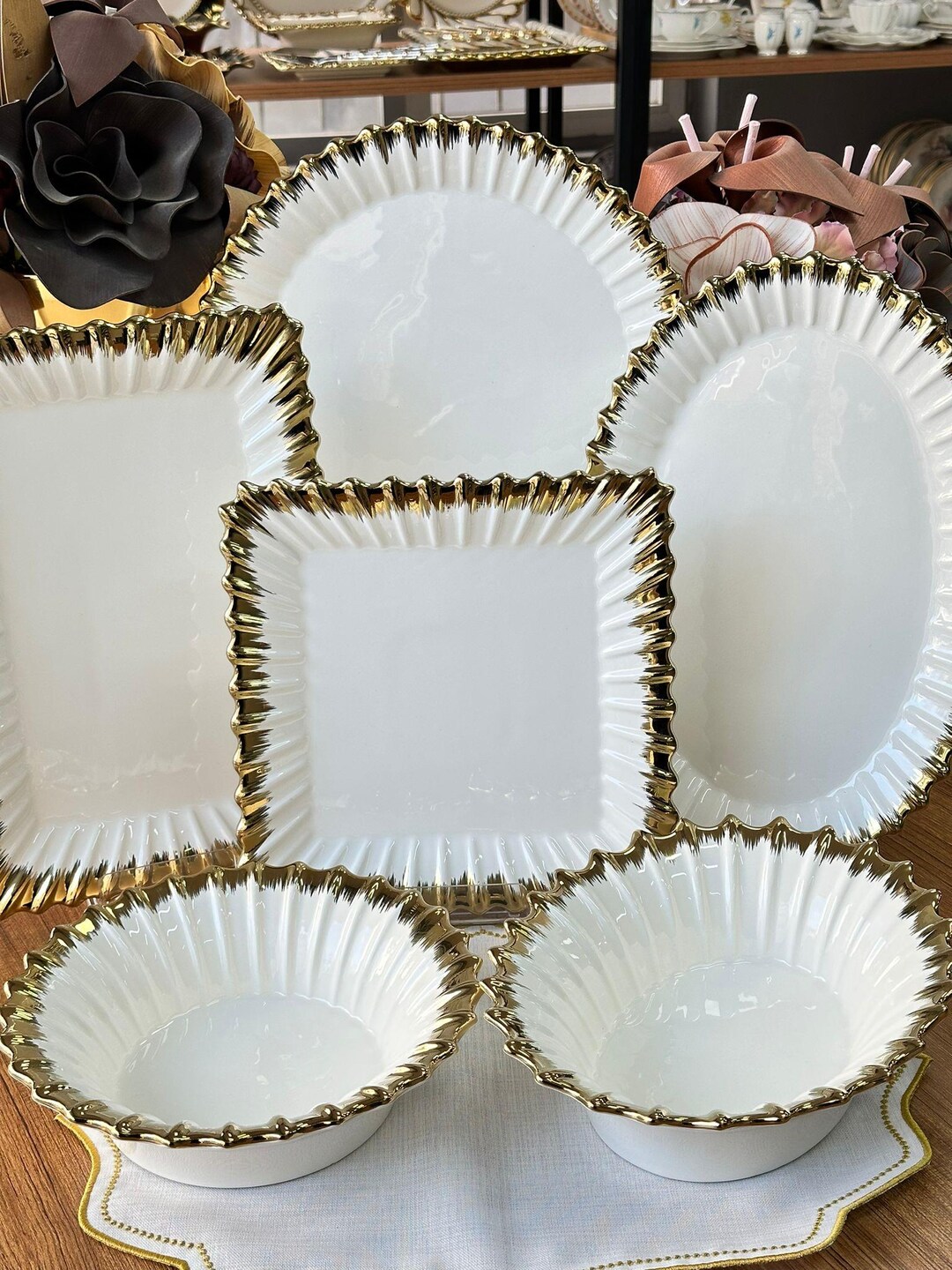 Gold Rim Porcelain Serving Set, Elegant Tableware, 6-piece - Etsy