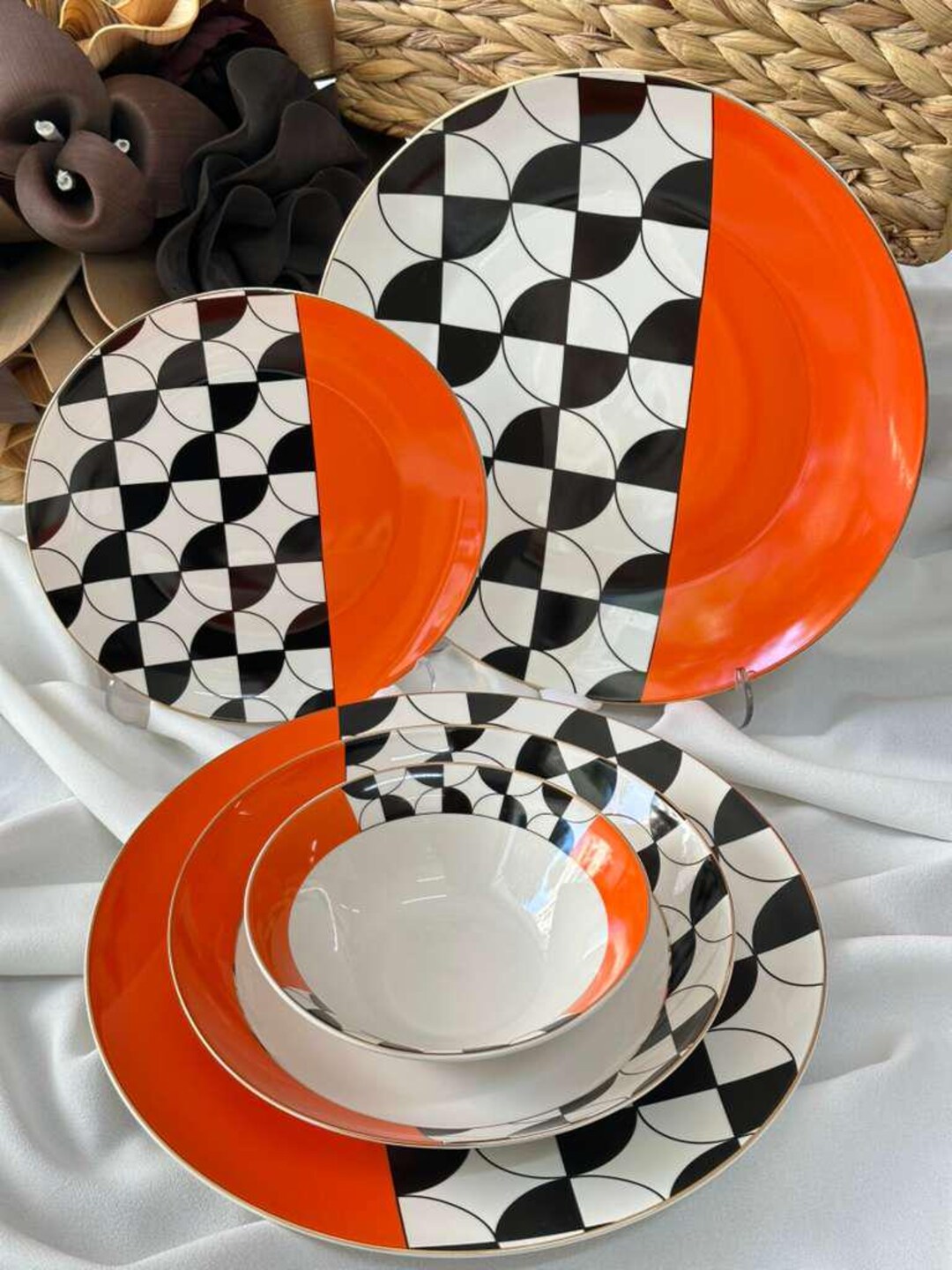 Modern Geometric Porcelain Dinnerware Set for 6 | 24 Pieces Retro Art ...