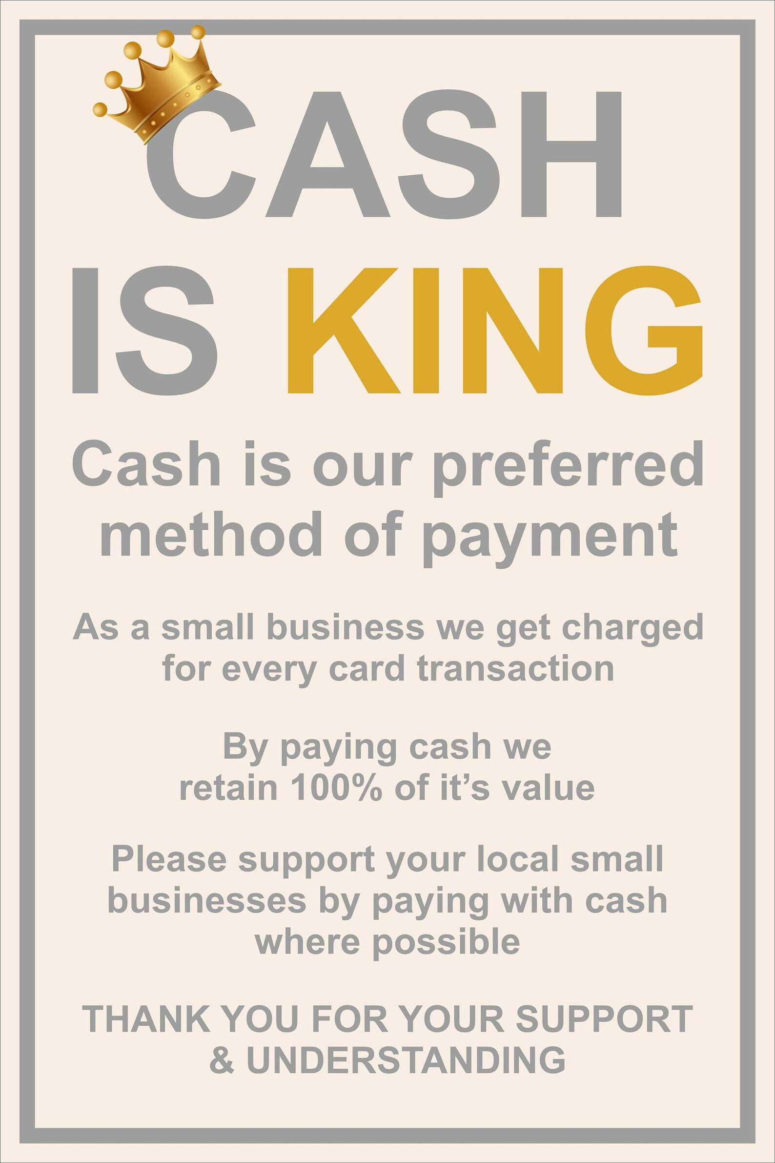 CASH IS KING - Customer Notice - Shop Sign - Counter Sign - Cafe Sign ...
