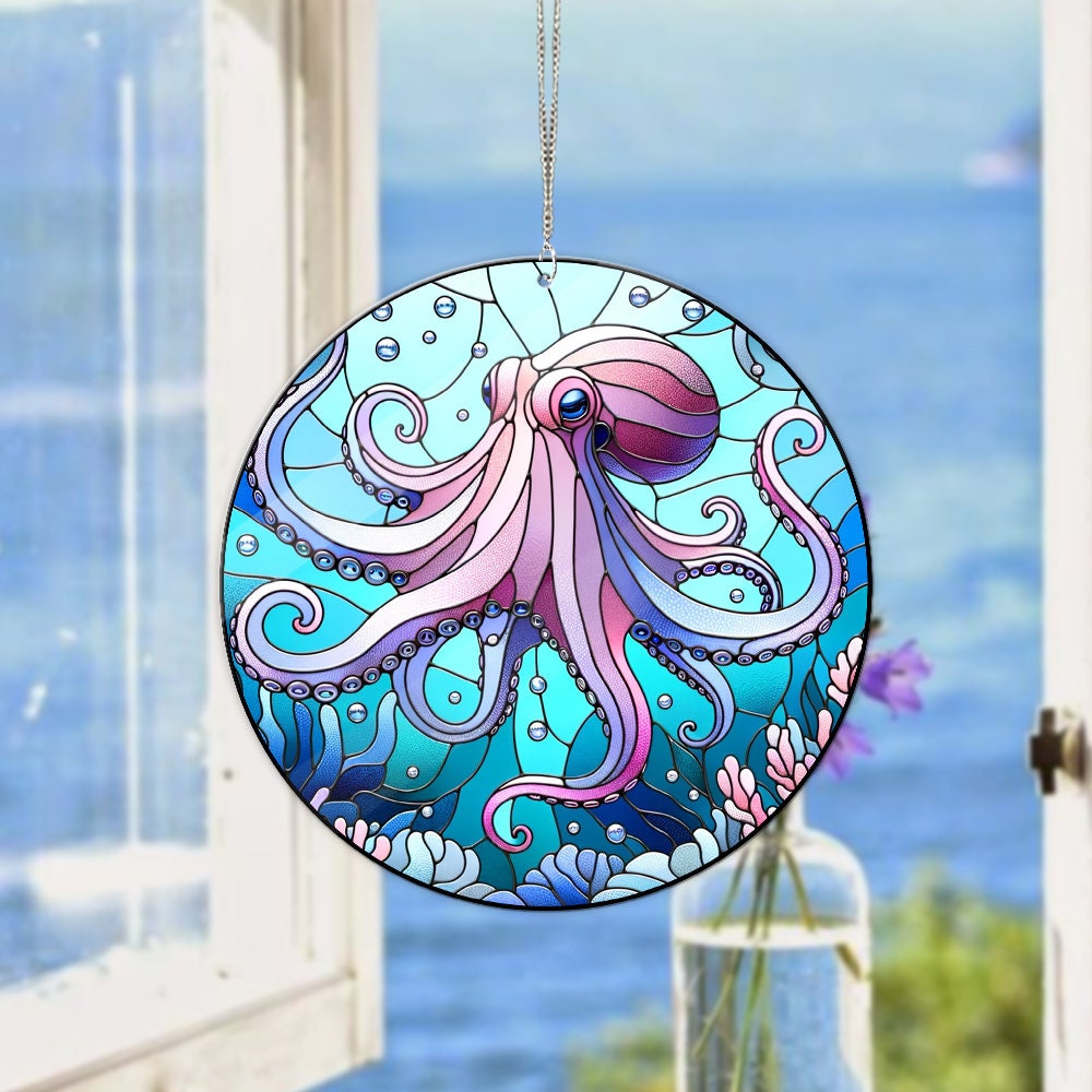Octopus Stained Glass Acrylic Window Decor, Octopus Lovers Gift, Beach ...