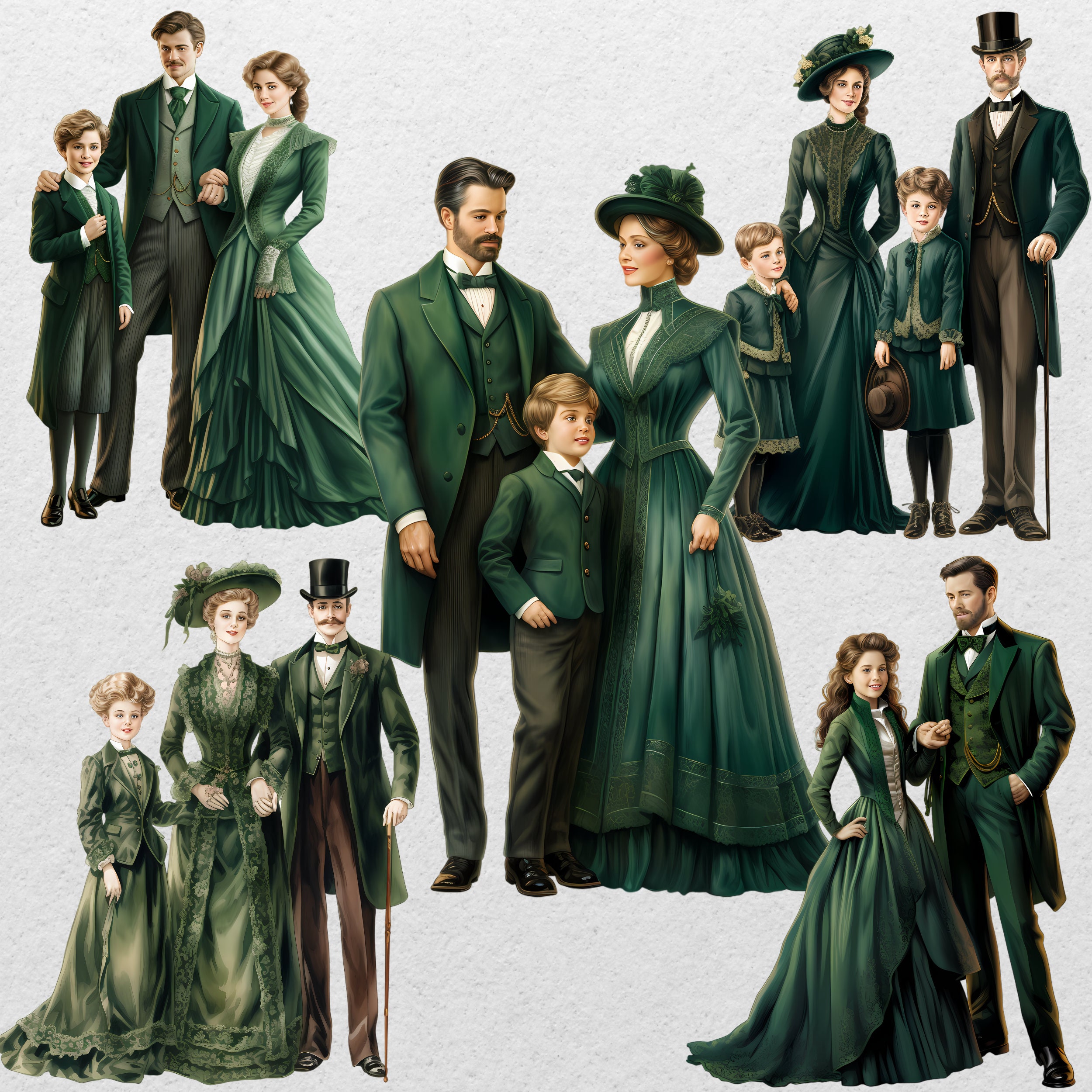 Green Victorian Family Clipart Watercolor Vintage Ladies Fashion Art ...
