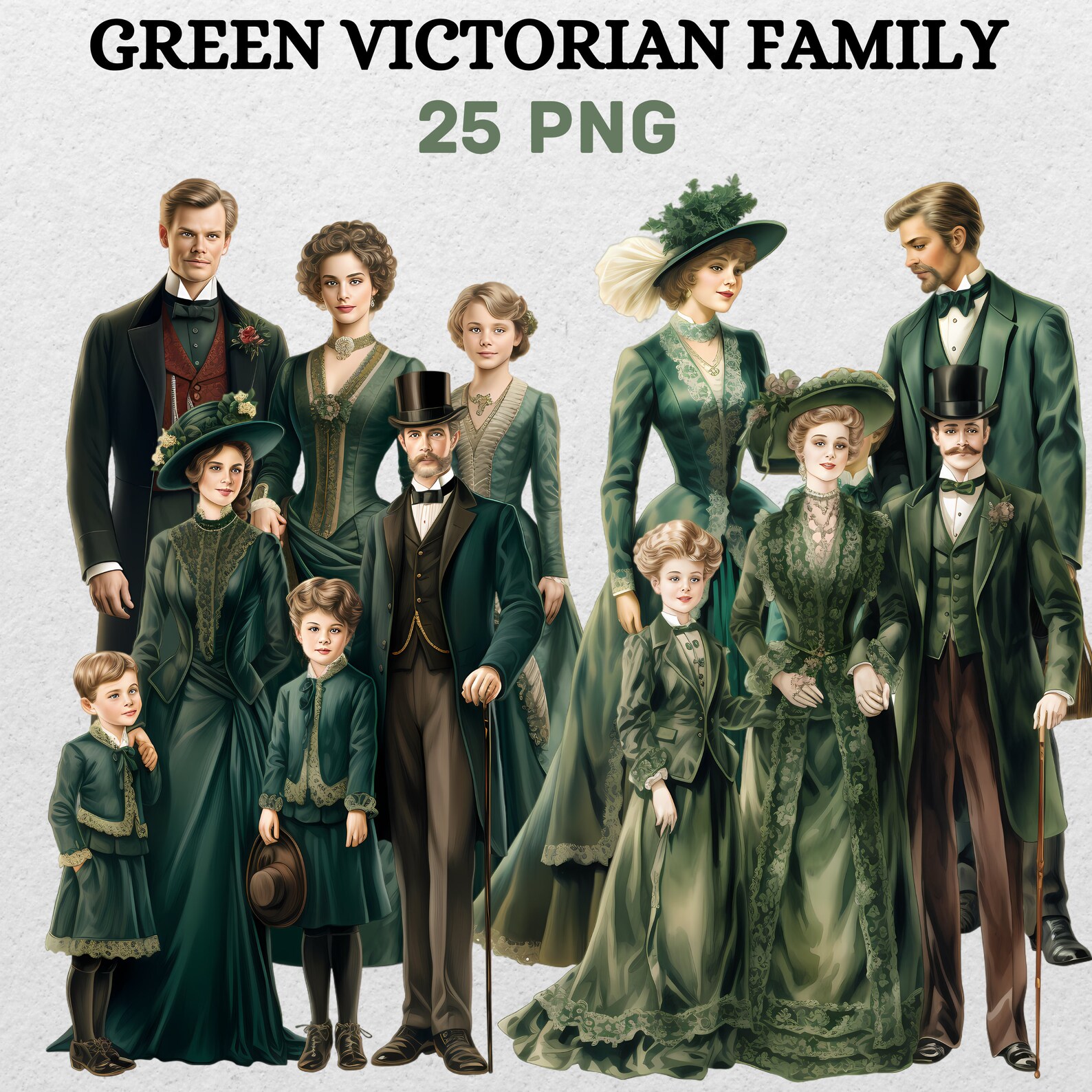 Green Victorian Family Clipart Watercolor Vintage Ladies Fashion Art ...