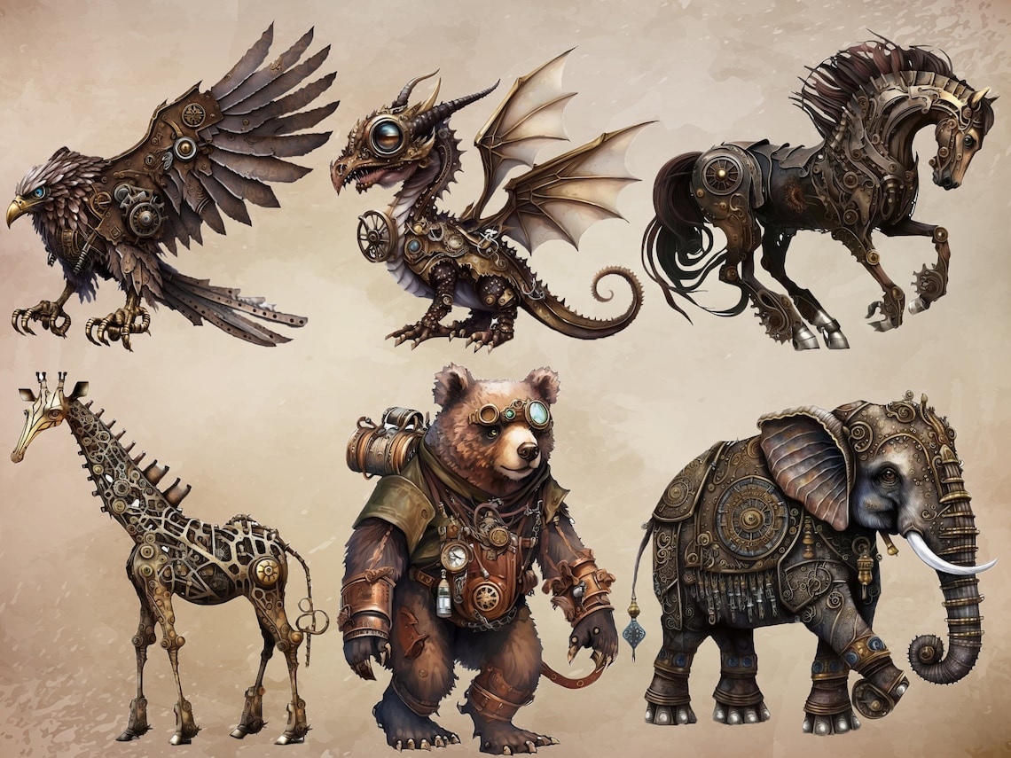 Bronze Steampunk Animals Watercolor Clipart Retro Victorian Creatures ...