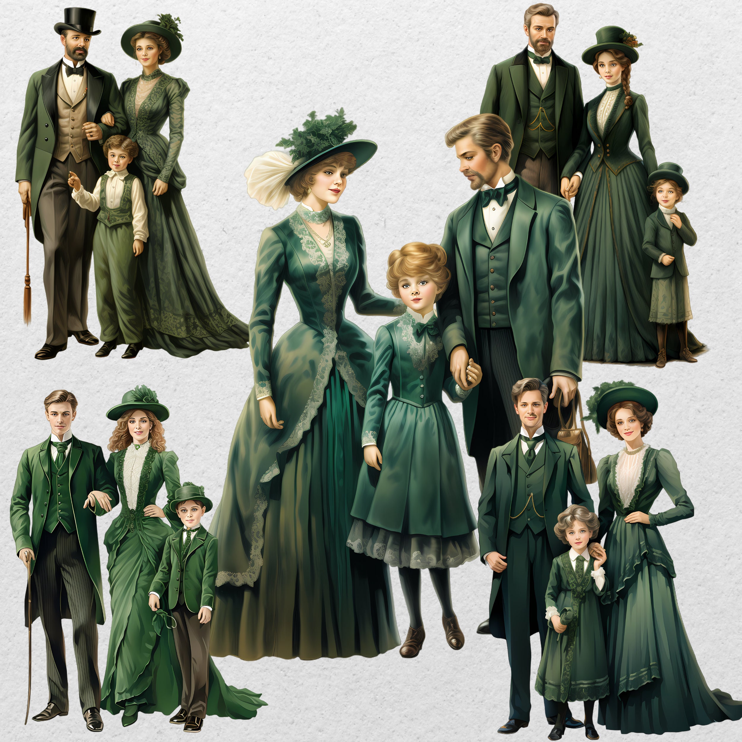 Green Victorian Family Clipart Watercolor Vintage Ladies Fashion Art ...